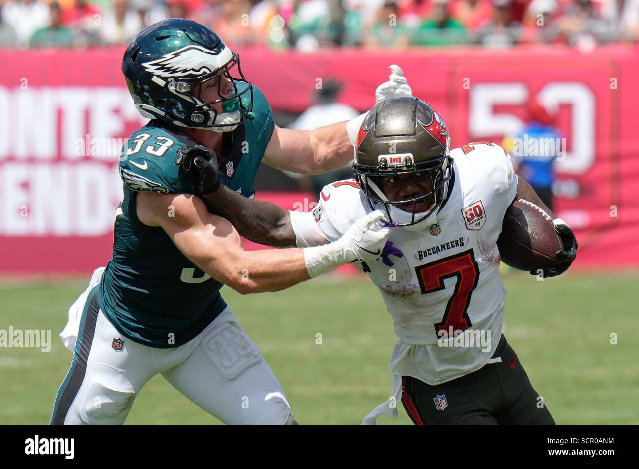 Tampa Bay Buccaneers running back Bucky Irving (7) is stopped by ...
