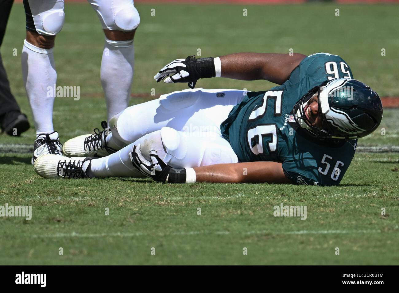 Philadelphia Eagles offensive tackle Tyler Steen (56) reacts on the ...