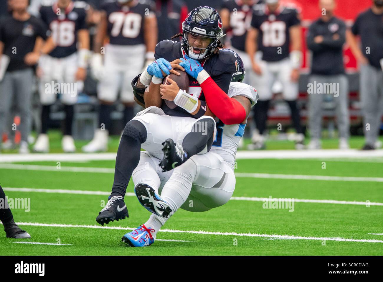 September 28, 2025: Houston Texans quarterback CJ. Stroud (7) is sacked ...