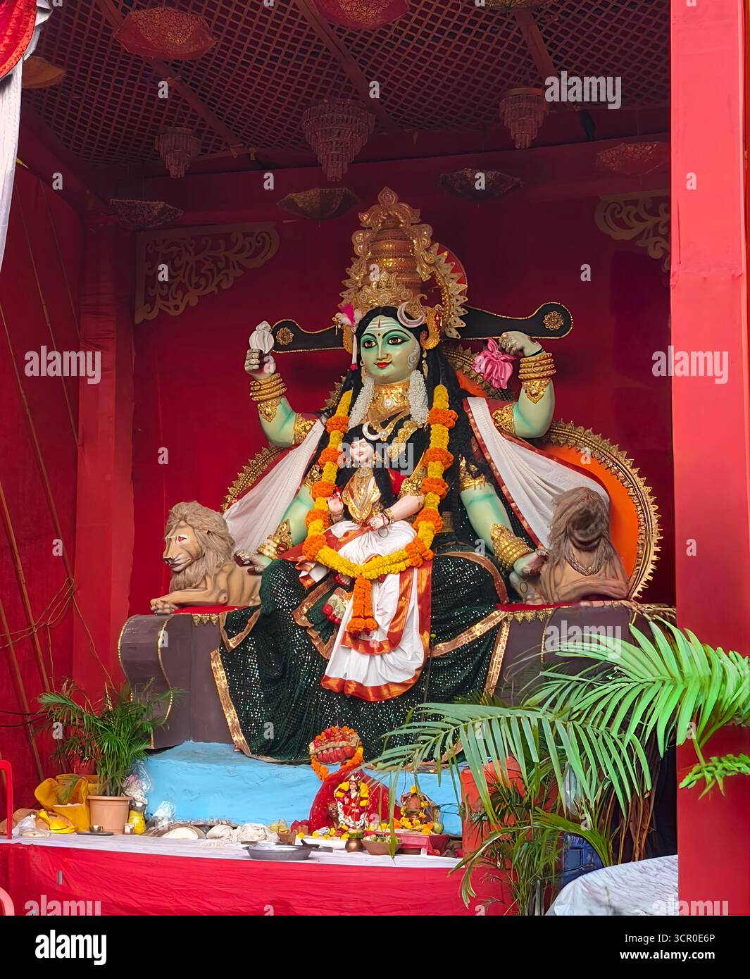 Idol of Goddess Devi Durga at a decorated puja pandal , Durga Puja is a ...