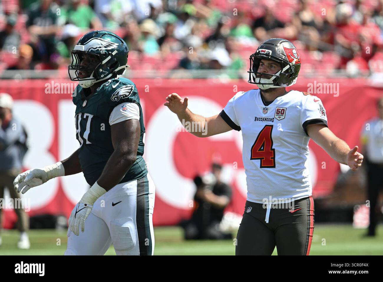 Tampa Bay Buccaneers kicker Chase McLaughlin (4) reacts after kicking a ...