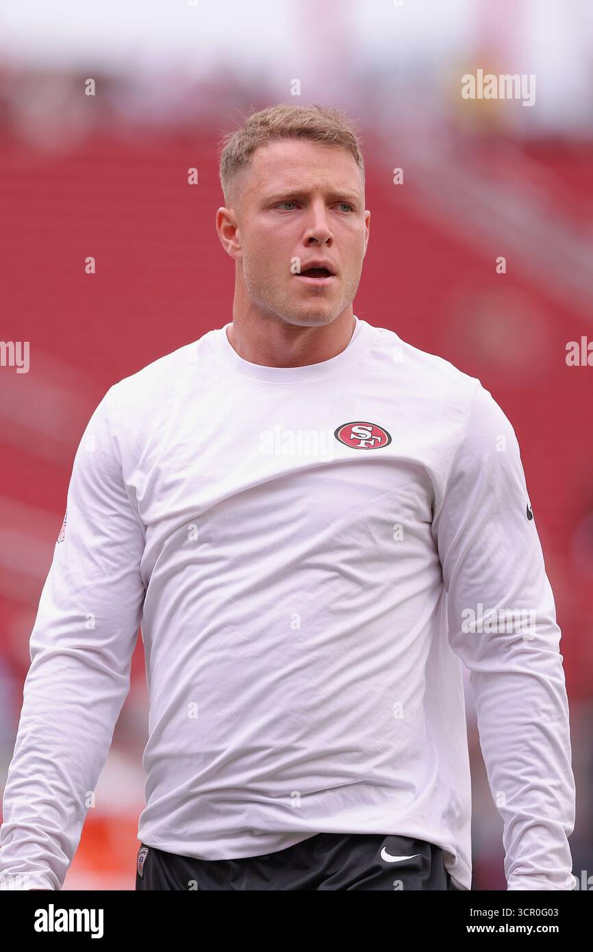 San Francisco 49ers running back Christian McCaffrey warms up before an ...