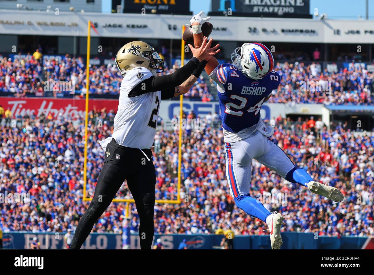 Buffalo Bills safety Cole Bishop (24) intercepts a pass intended for ...