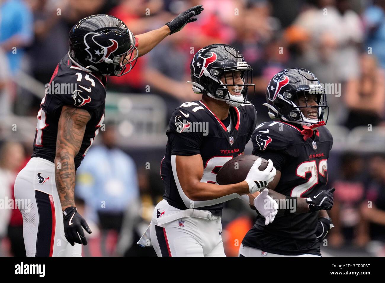 Houston Texans wide receiver Jayden Higgins (81) celebrates his ...