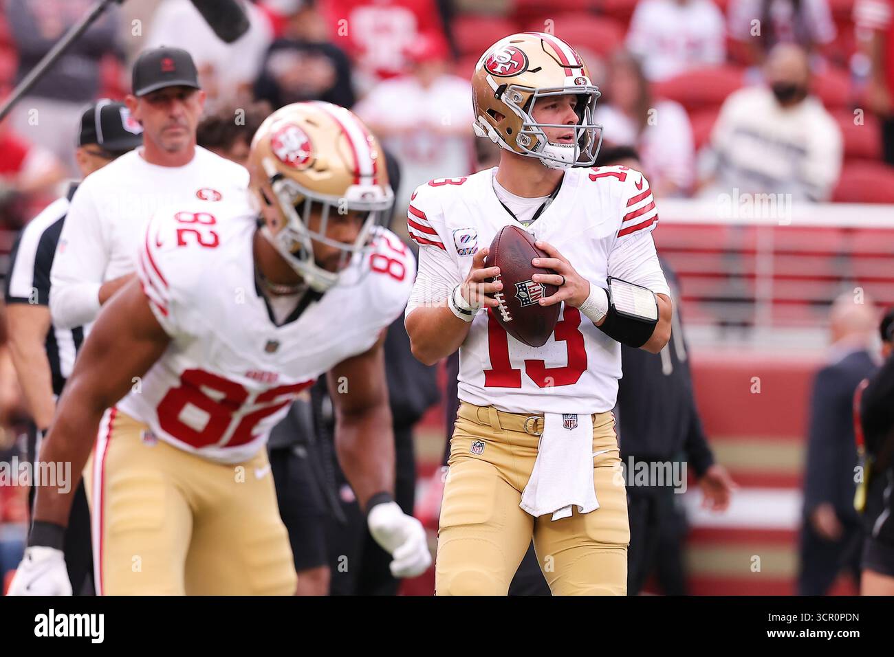 San Francisco 49ers tight end Brayden Willis (82) and quarterback Brock ...