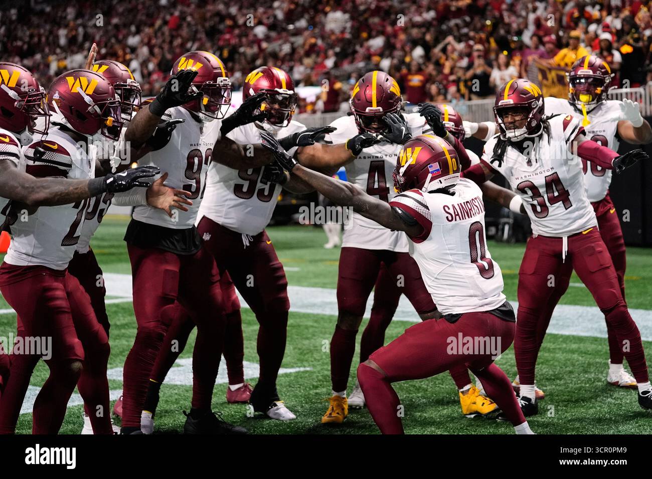 Washington Commanders cornerback Mike Sainristil (0) celebrates with ...