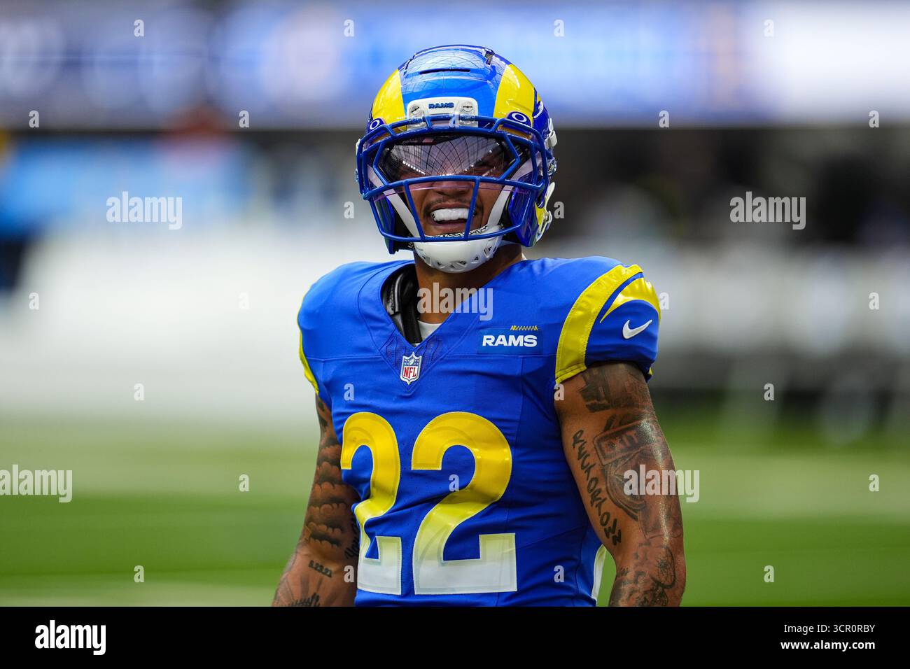 Los Angeles Rams running back Blake Corum (22) warms up before an NFL football game against the ...