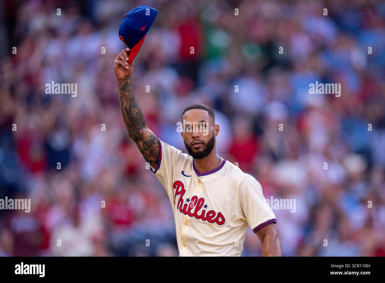 Philadelphia Phillies starting pitcher Cristopher Sanchez reacts to the ...