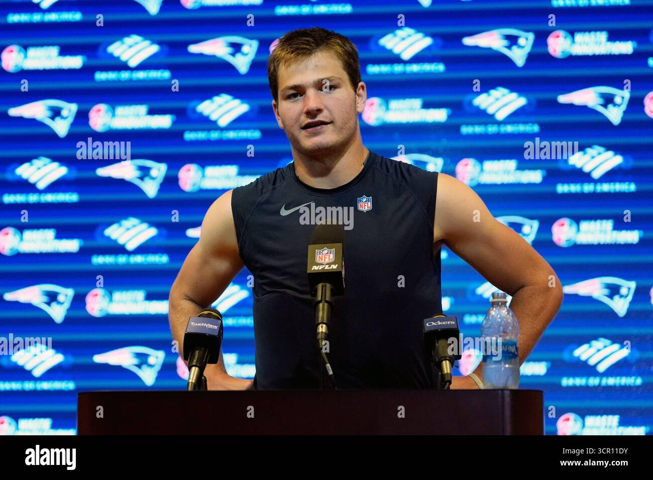 New England Patriots quarterback Drake Maye speaks during a news ...