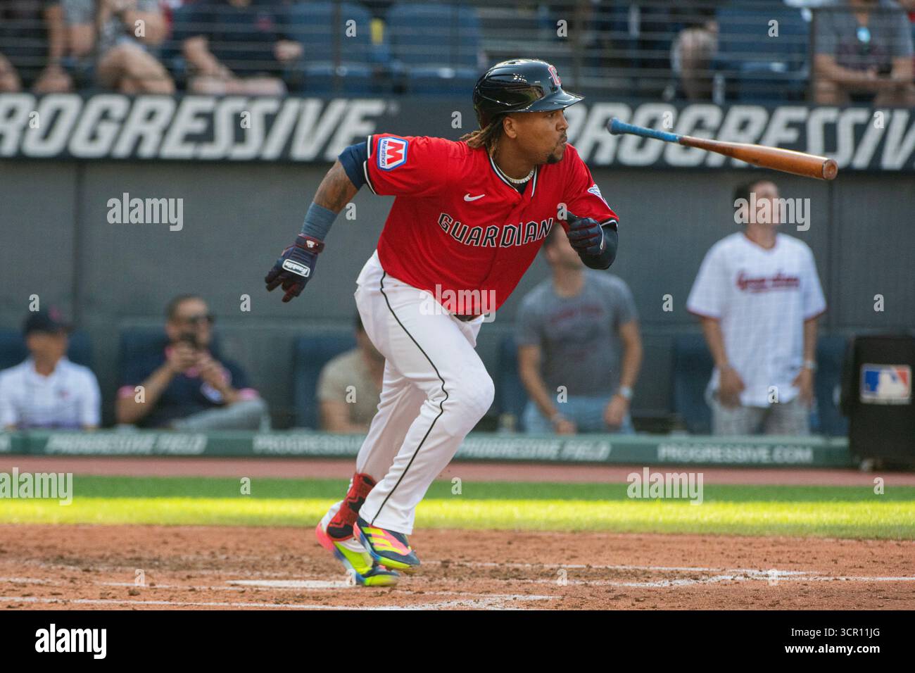 Cleveland Guardians' Jose Ramirez watches his single off Texas Rangers ...