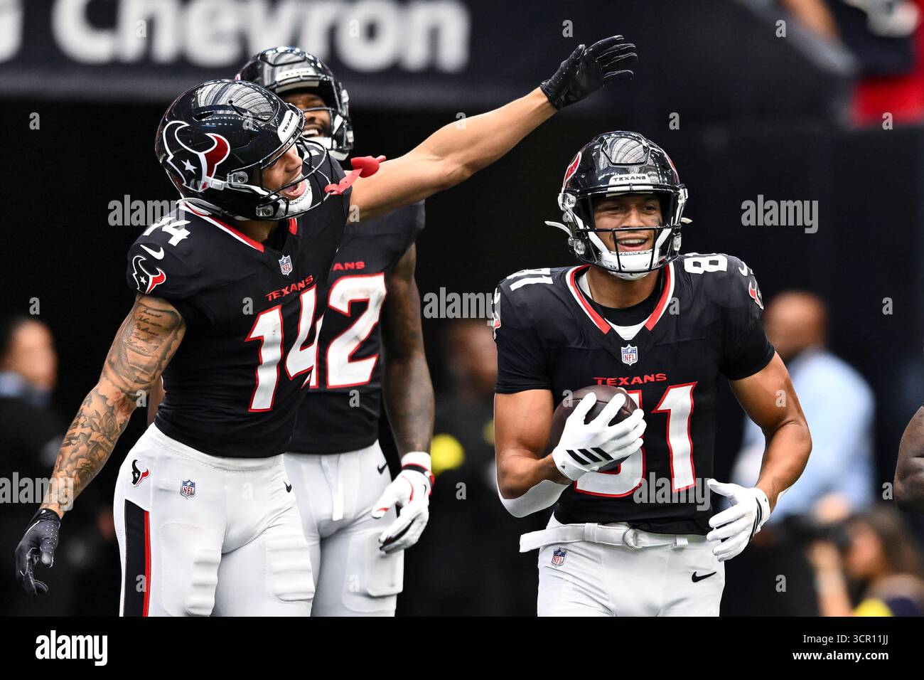 Houston Texans wide receiver Jayden Higgins (81) celebrates with ...