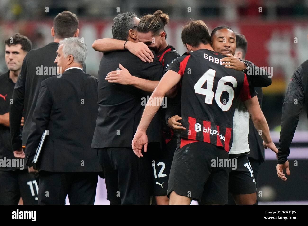 AC Milan's team players celebrate after the Serie A soccer match ...