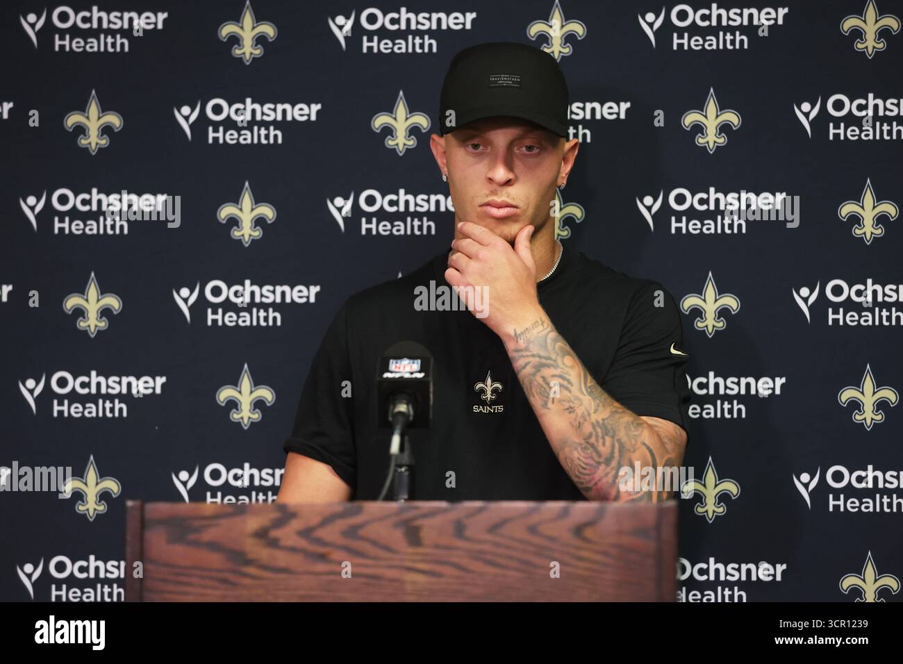 New Orleans Saints quarterback Spencer Rattler talks to reporters after ...
