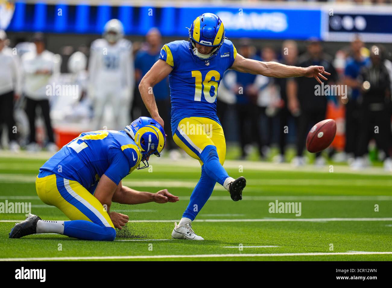 Los Angeles Rams kicker Joshua Karty (16) kicks a field goal against ...