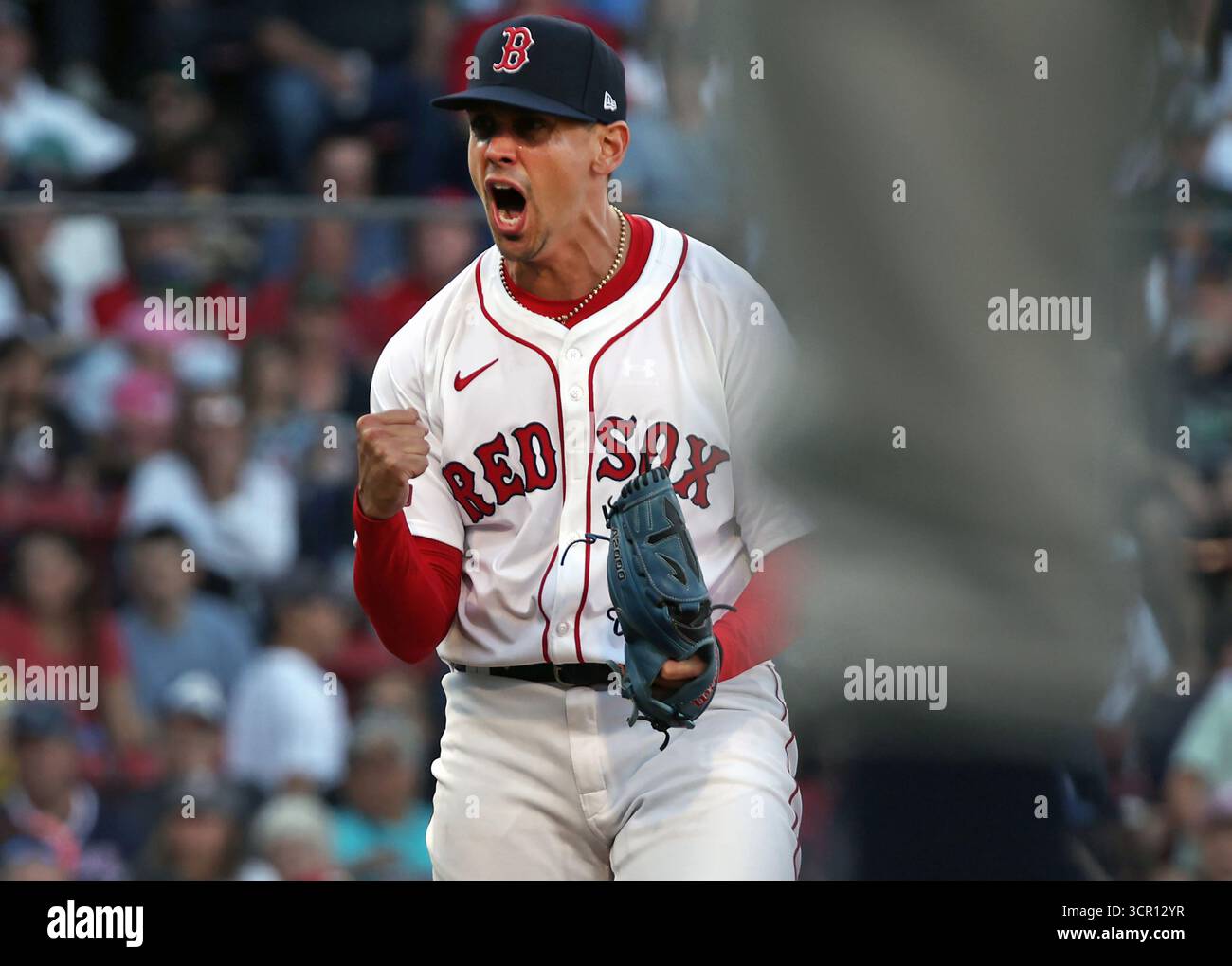 Boston Red Sox starting pitcher Jose De Leon reacts after recording the ...