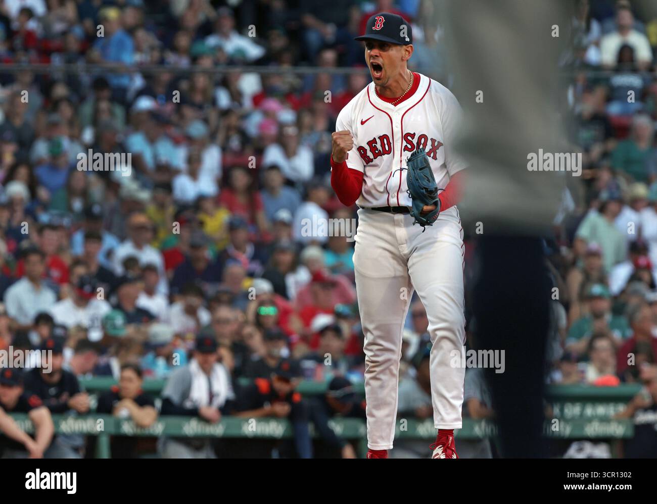 Boston Red Sox starting pitcher Jose De Leon reacts after recording the ...