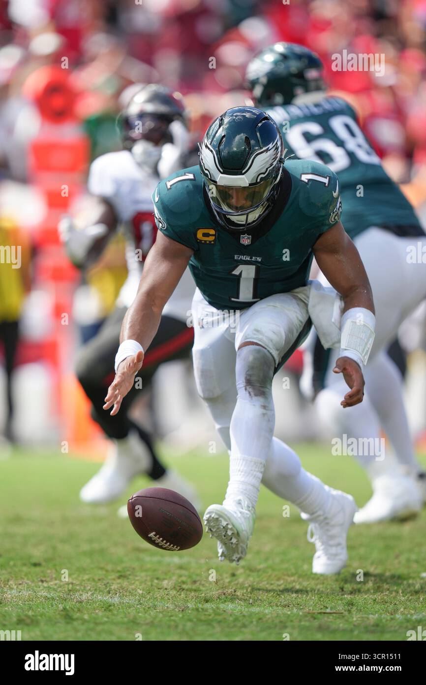 Philadelphia Eagles quarterback Jalen Hurts (1) tries to collect a bad ...