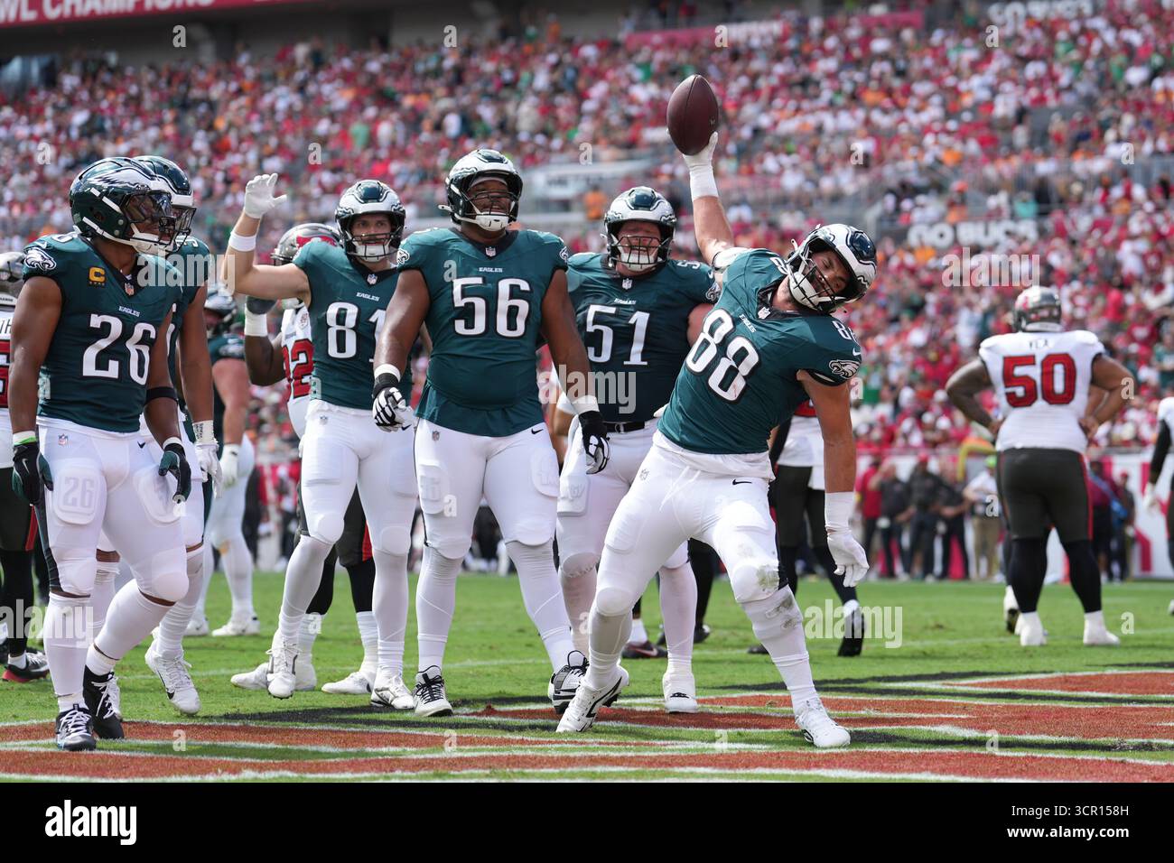 Philadelphia Eagles tight end Dallas Goedert (88) spikes the ball ...