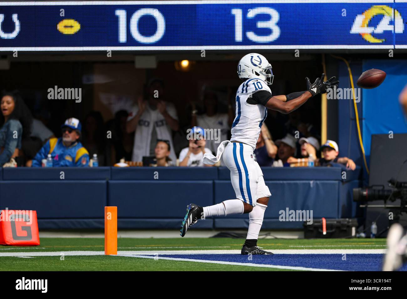 Indianapolis Colts wide receiver Adonai Mitchell (10) fumbles the ball ...