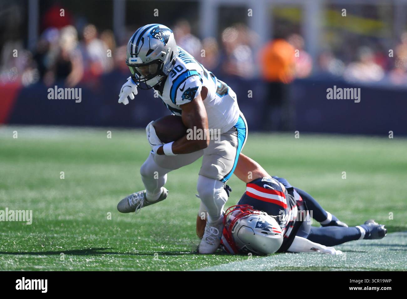 Carolina Panthers running back Chuba Hubbard (30) is tackled by New ...