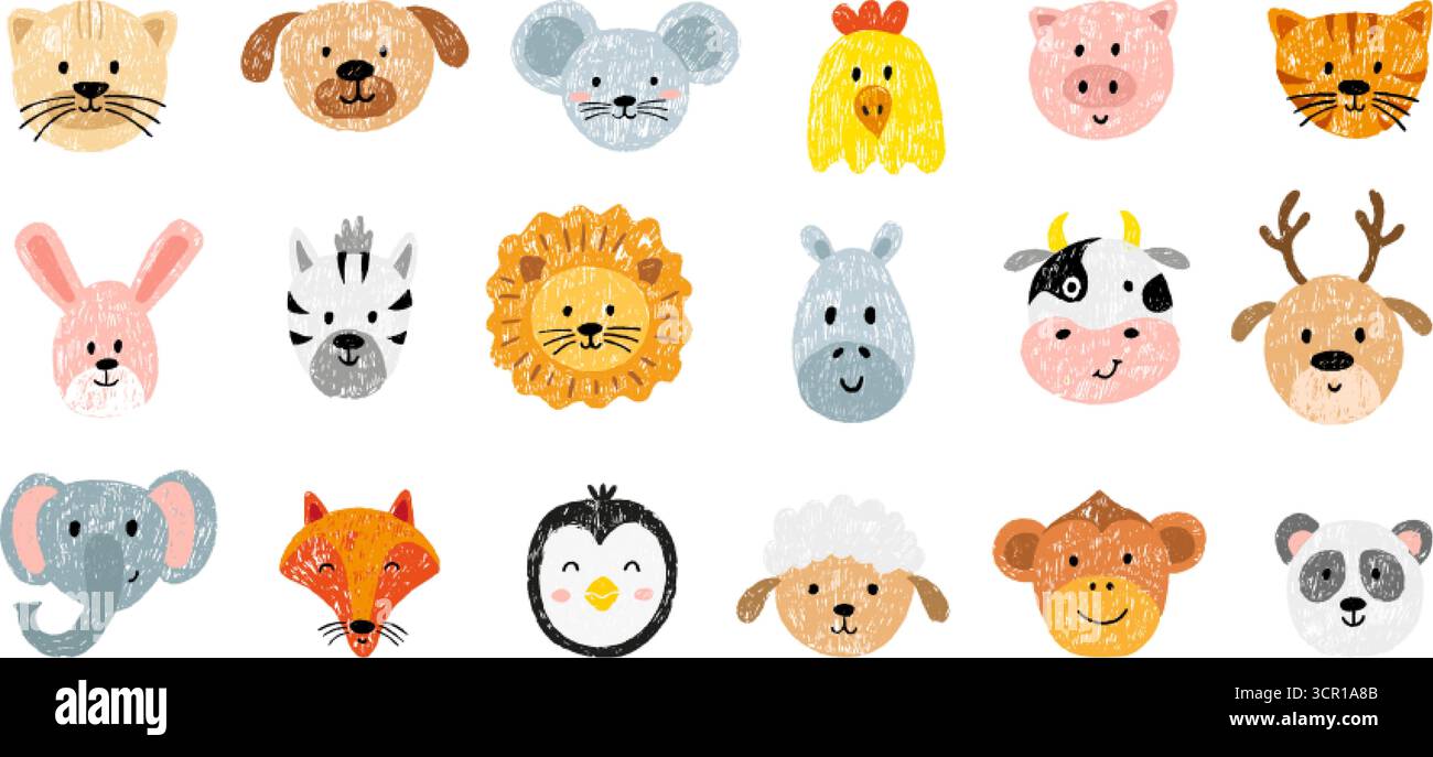 Cartoon crayon animal faces. Colored pencil hand drawn lion cat hippo ...