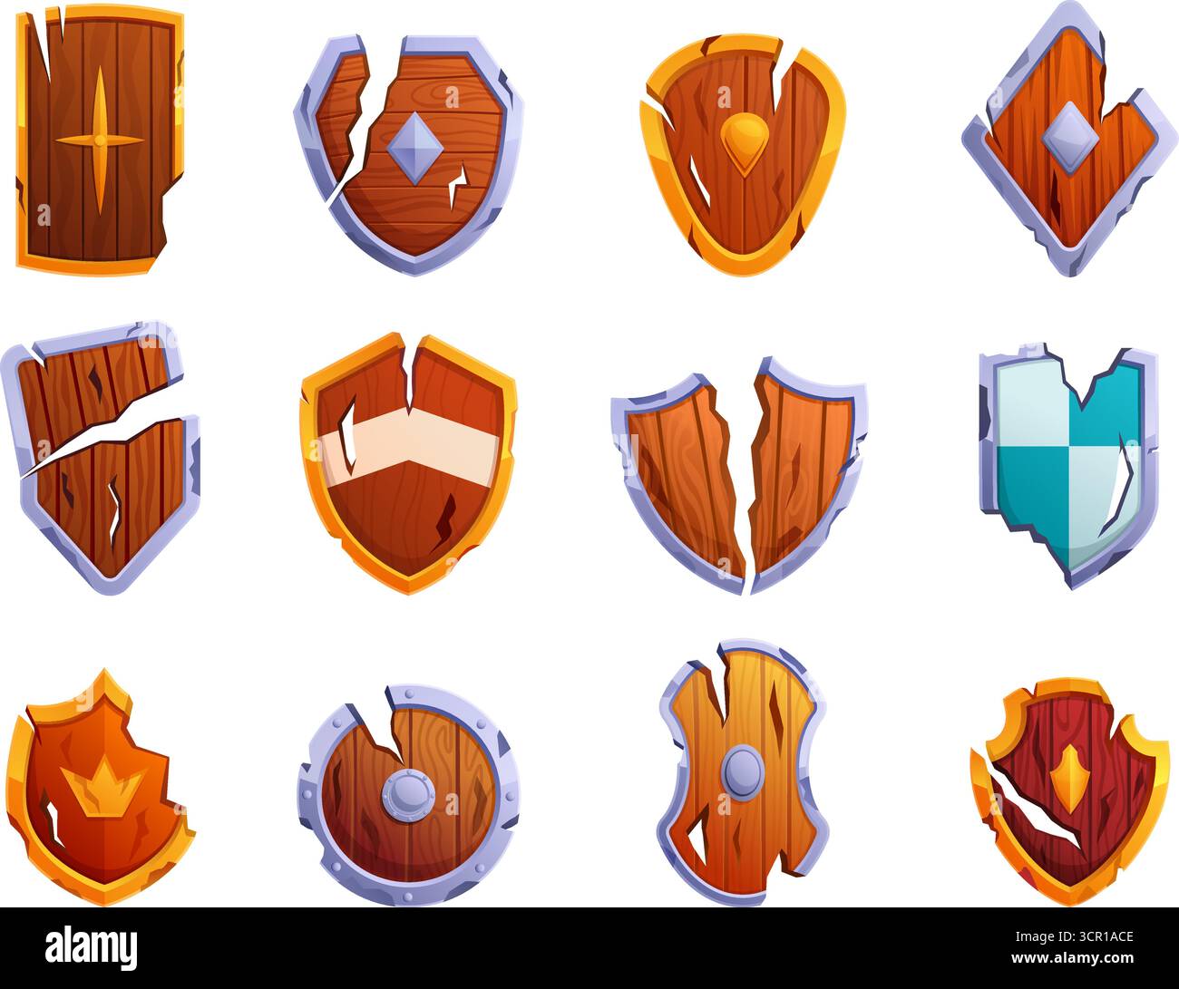 Broken shields medieval icons. War equipment for safety, protection ...