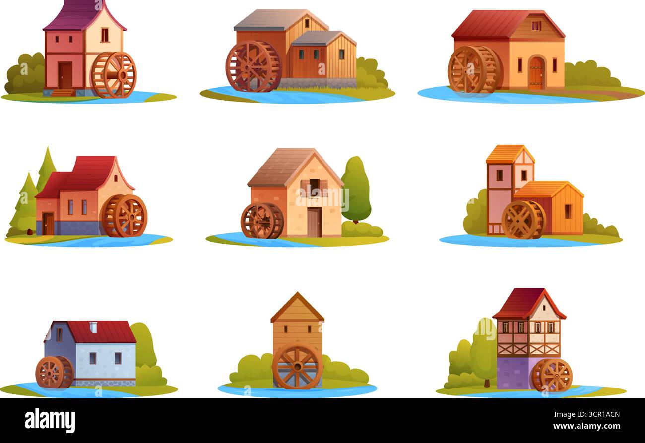 Cartoon watermills set. Water mill old style on rover or lake. Wooden ...