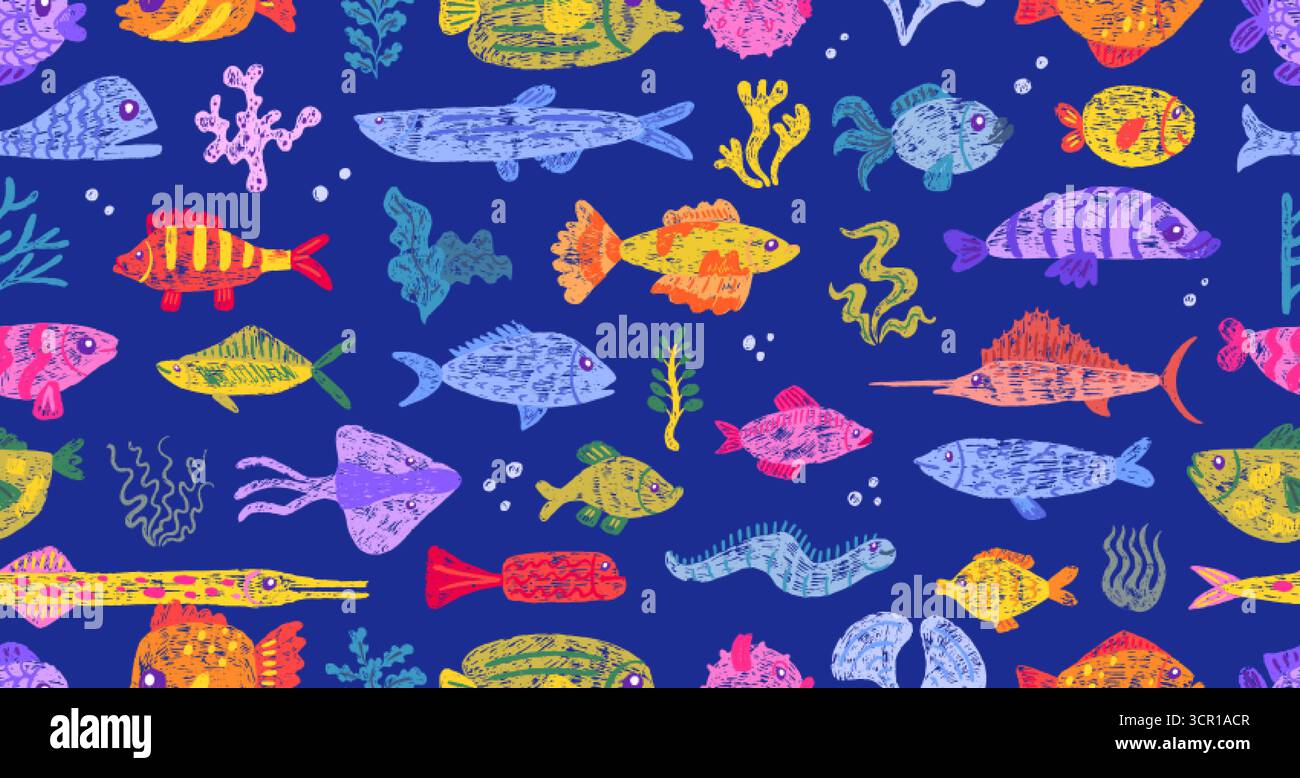 Crayon drawing fish seamless pattern. Color chalk draw style, pencil ...
