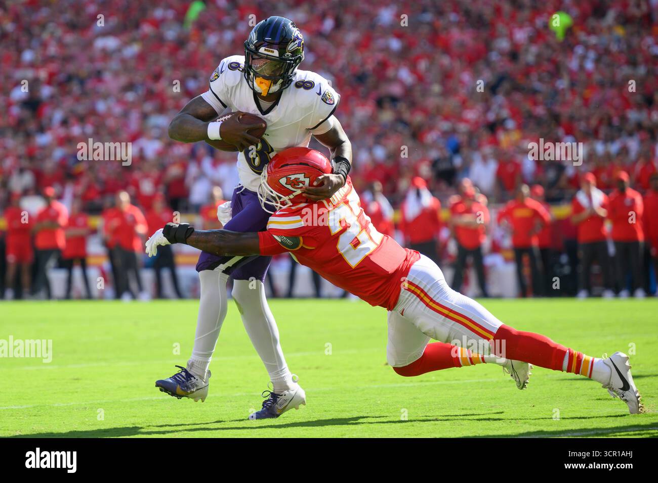 Kansas City Chiefs defensive back Chamarri Conner (27) tackles ...