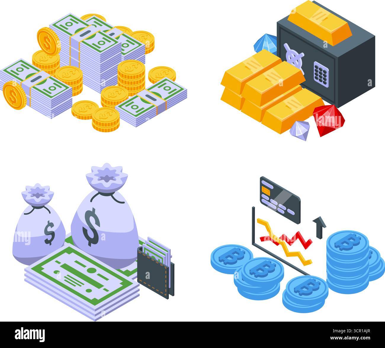 Isometric money and gold stacks. Golden bars piles, coins and banknotes ...