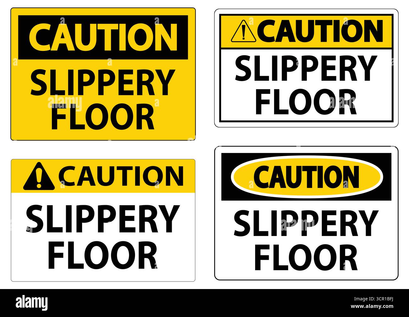 A collection of caution signs displaying 'Slippery Floor' warnings ...