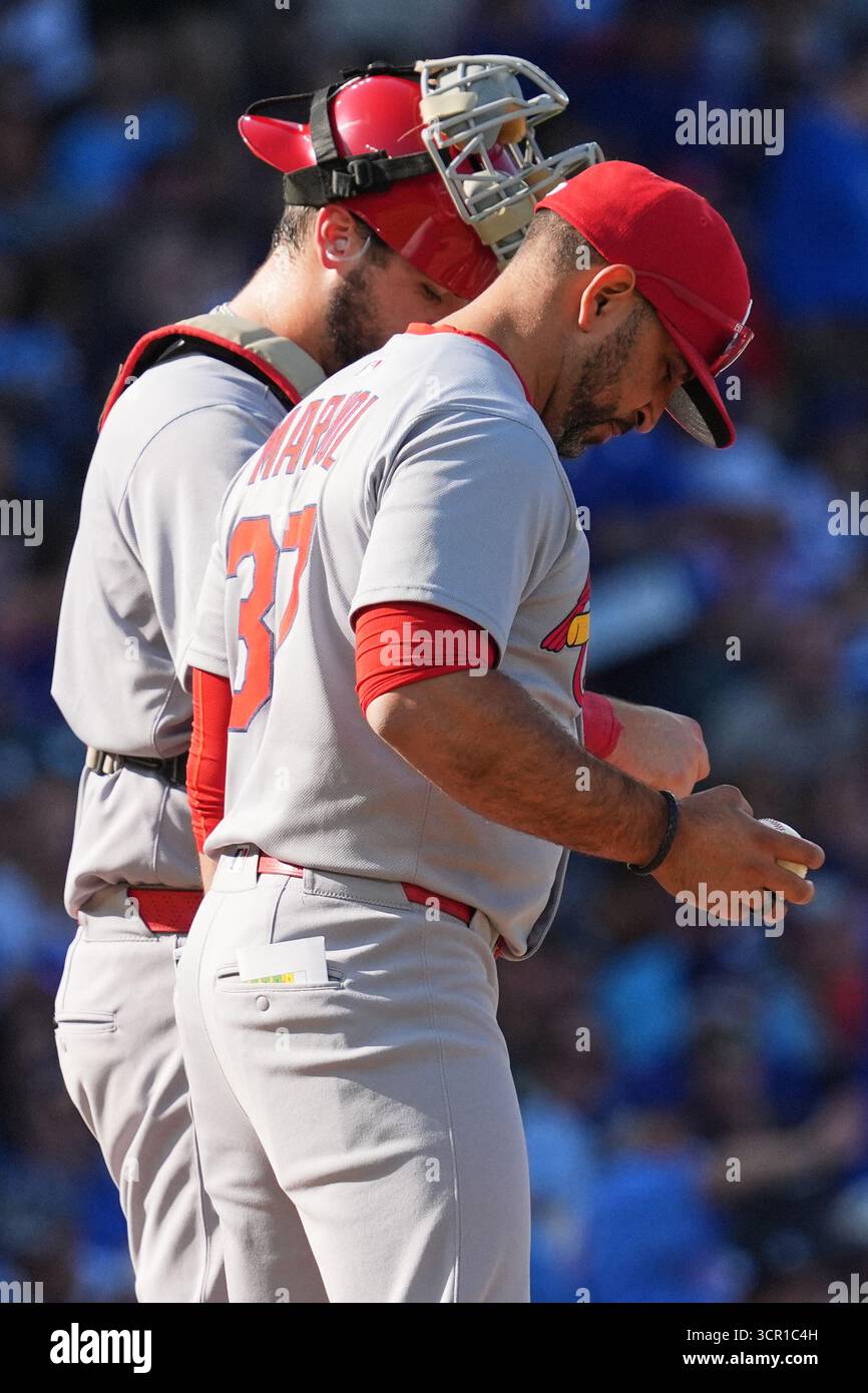 St. Louis Cardinals manager Oliver Marmol looks down as he waits for ...