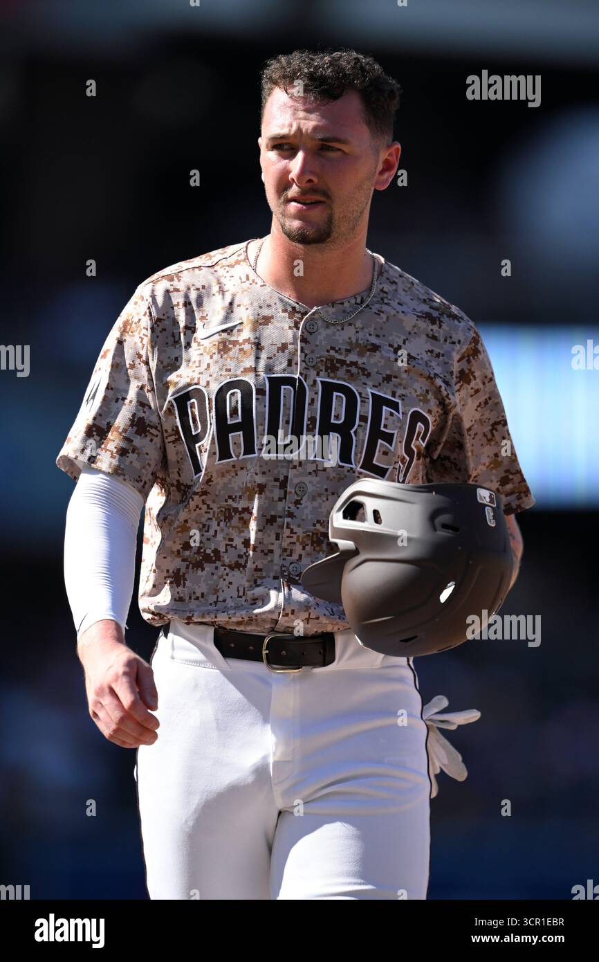 San Diego Padres' Jackson Merrill looks on during the eighth inning of ...
