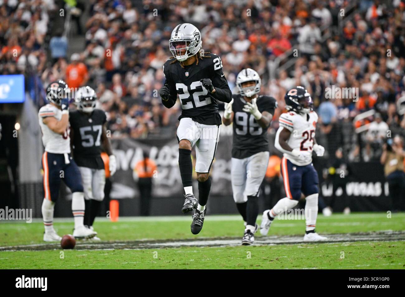 Las Vegas Raiders' Eric Stokes (22) reacts to a play during the second ...