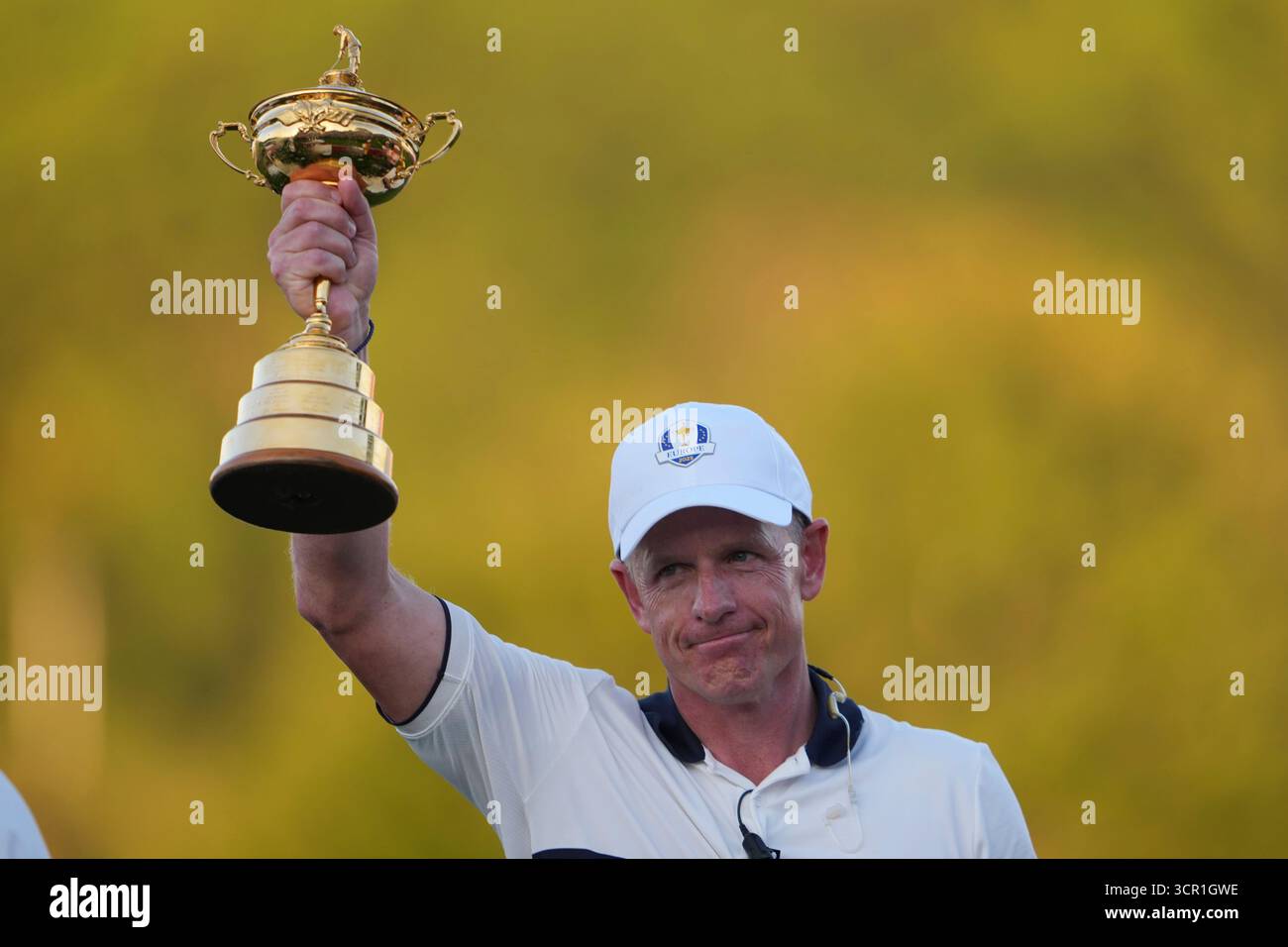 Europe's captain Luke Donald poses with the trophy after winning the ...