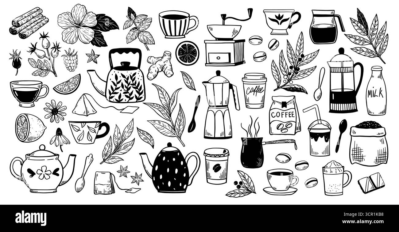Set of coffee and tea pots, coffee cups, grinder and percolator ...