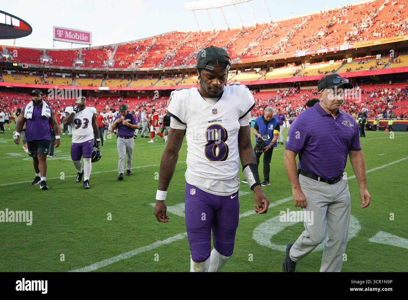 Baltimore Ravens quarterback Lamar Jackson heads off the field ...