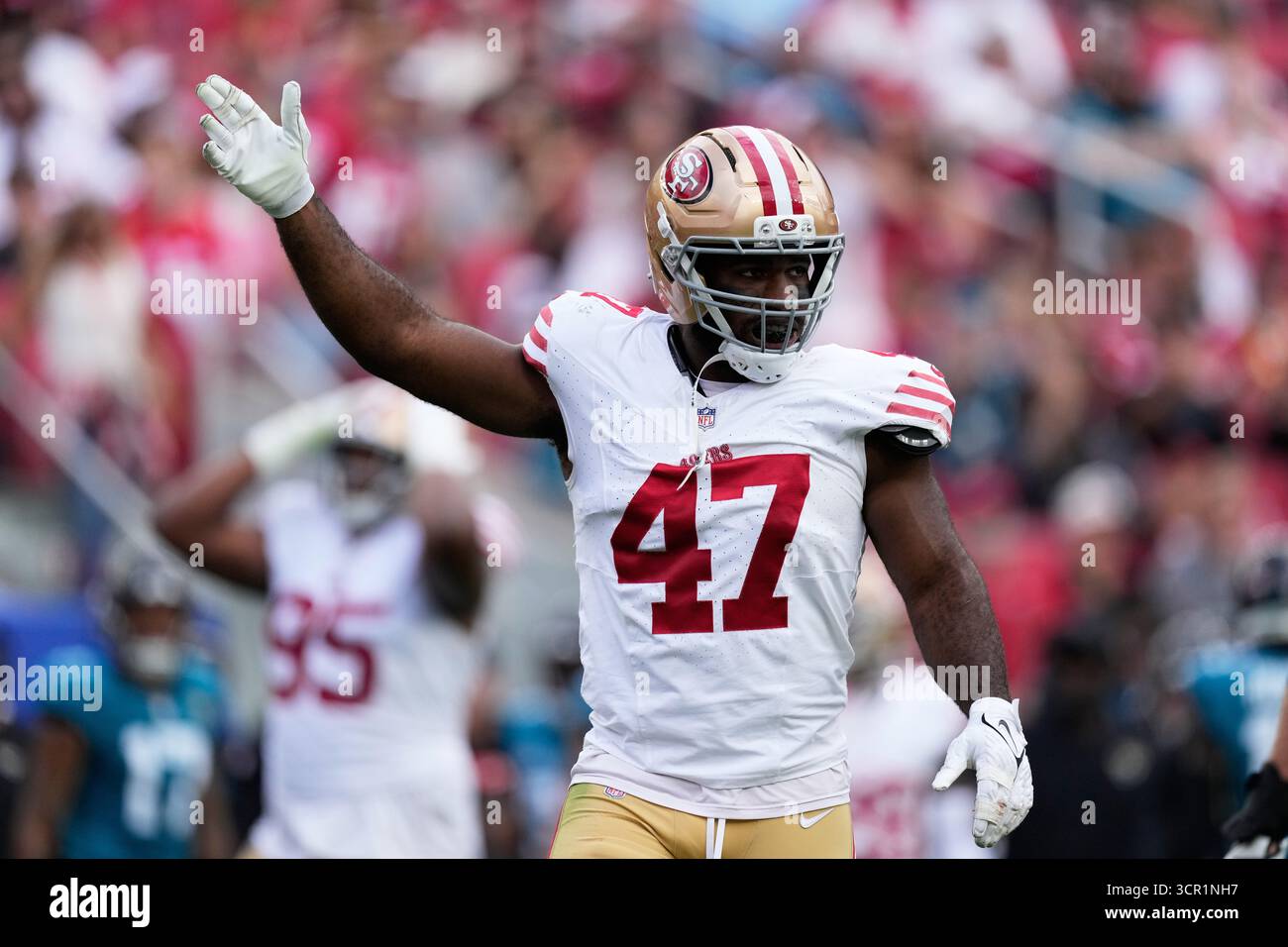 San Francisco 49ers defensive end Bryce Huff (47) gestures during the ...