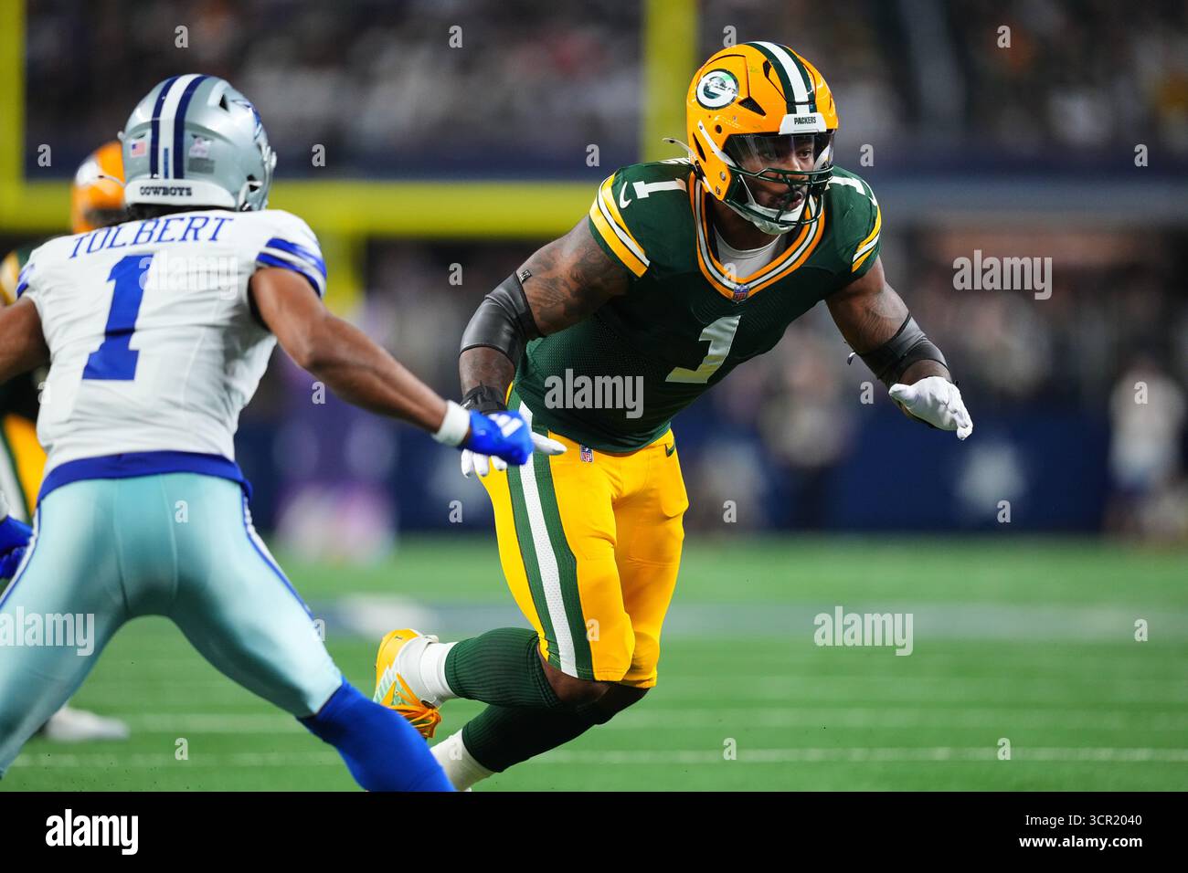 Dallas Cowboys wide receiver Jalen Tolbert (1) defends as Green Bay ...