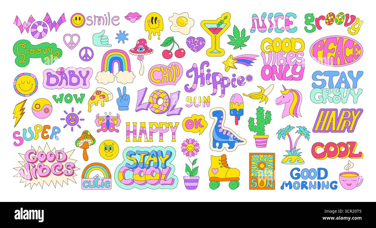 Retro happy sticker pack set. Vintage comic label shape smiling face ...