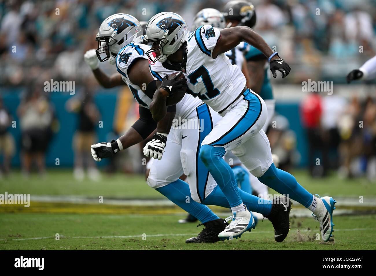 Carolina Panthers wide receiver Xavier Legette (17) runs after catching ...