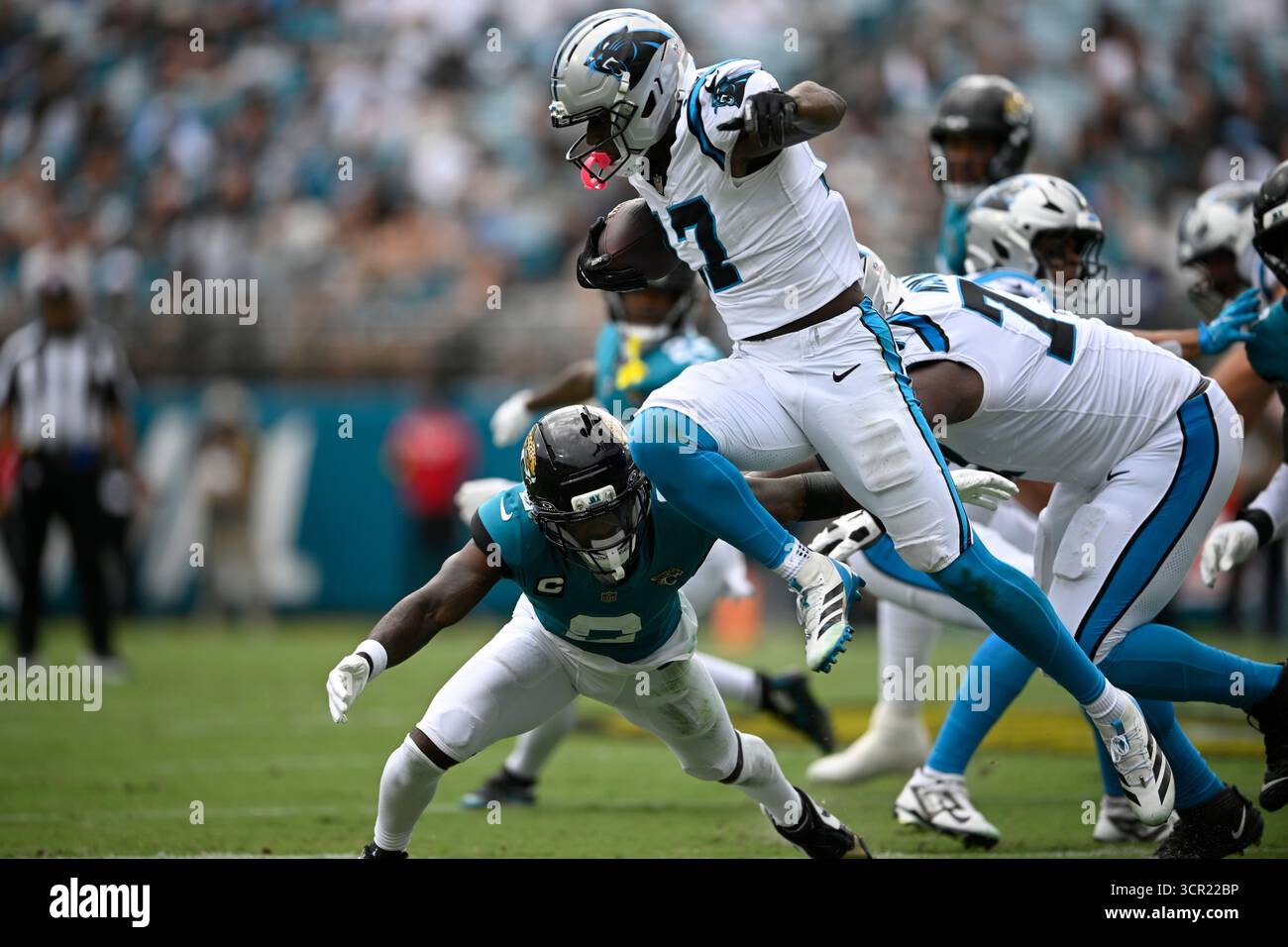 Carolina Panthers wide receiver Xavier Legette (17) runs after catching a pass Jacksonville ...