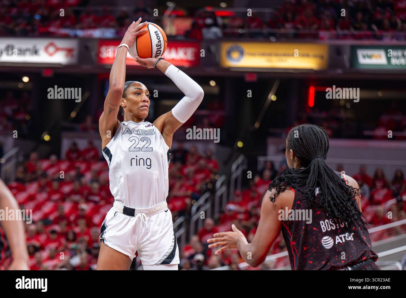 Las Vegas Aces center A'ja Wilson (22) shoots during the first half of ...