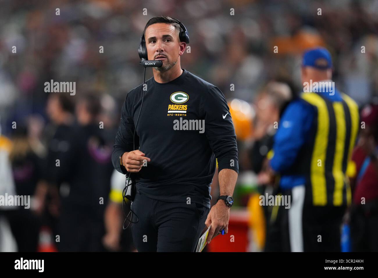 Green Bay Packers head coach Matt LaFleur watches play against the Dallas Cowboys in the first ...