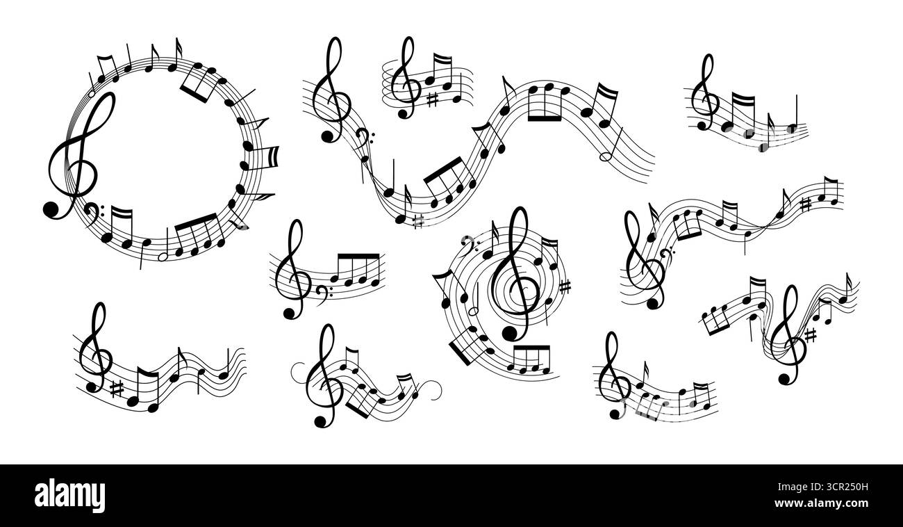 Music notes wave set. Wavy and round frames with different notes of ...
