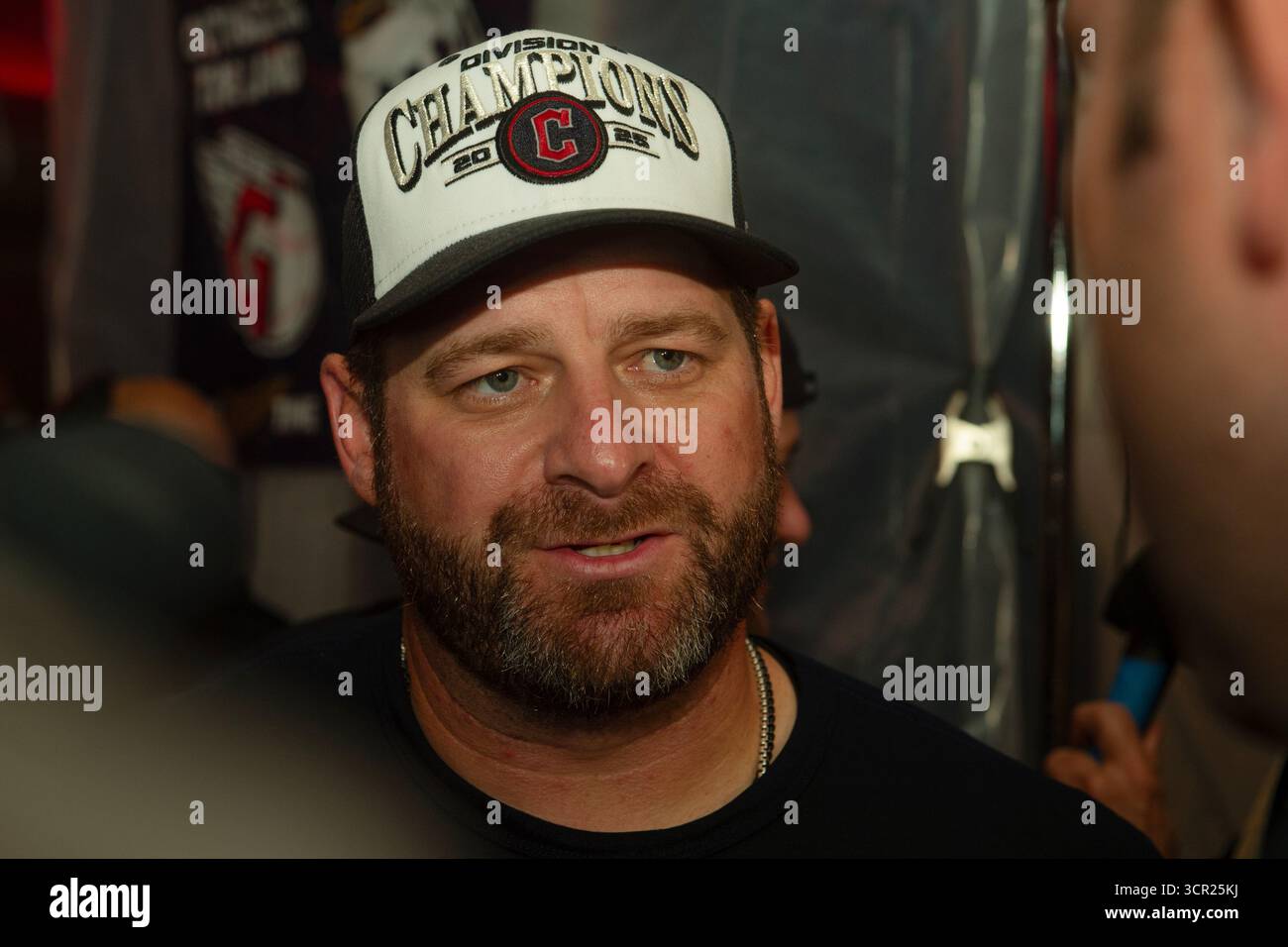 Cleveland Guardians manager Stephen Vogt speaks with reporters during ...