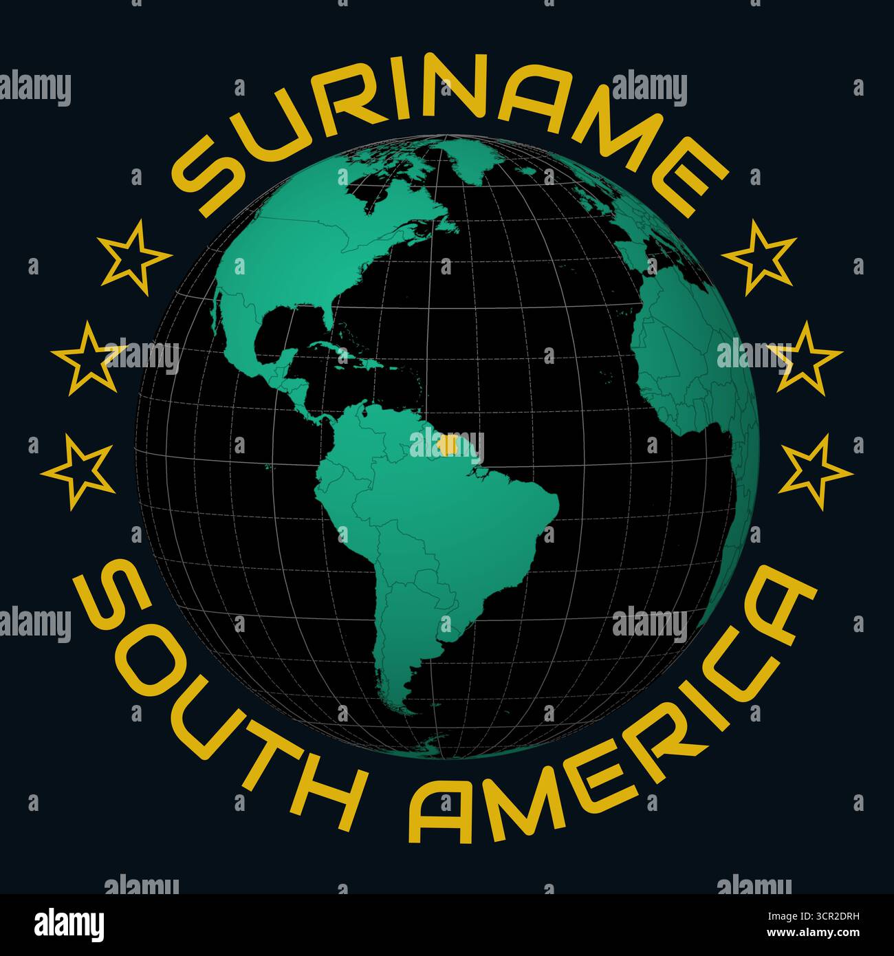 Suriname on Globe. Round country and continent name text. Country view ...