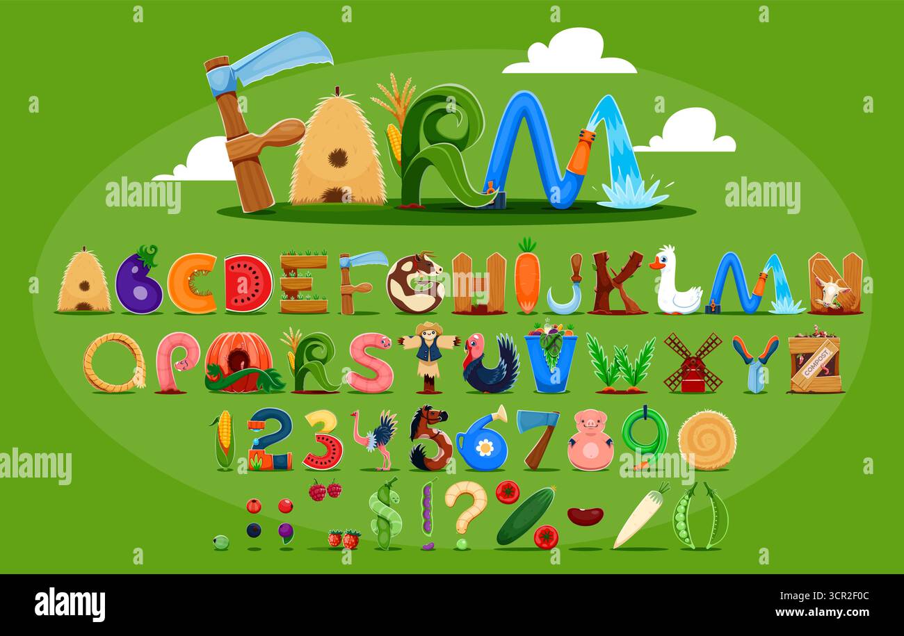 Cartoon farm font, agriculture typeface, harvest type, kids funny ...