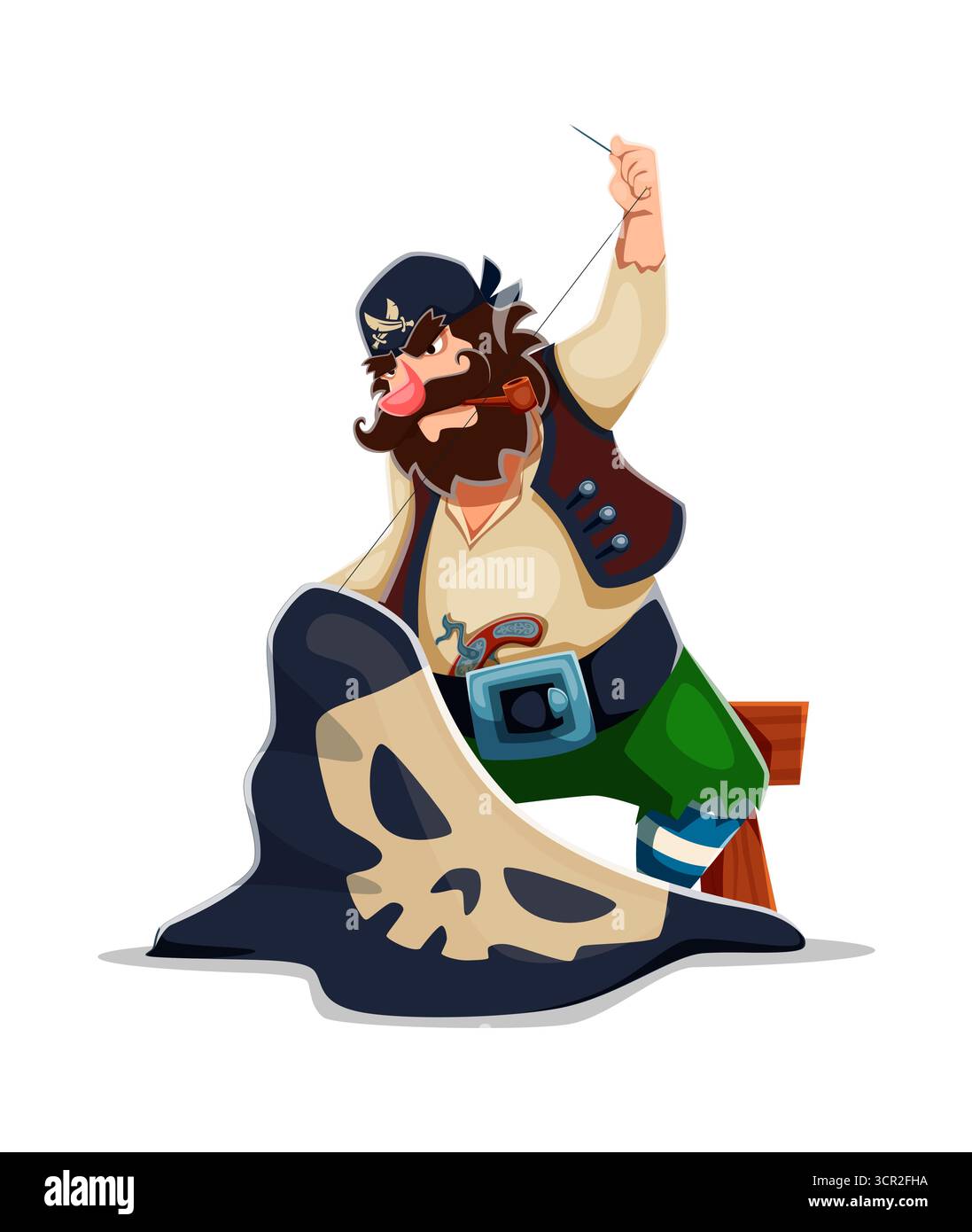 Cartoon pirate tailor ship crew character sitting on stool sewing a ...