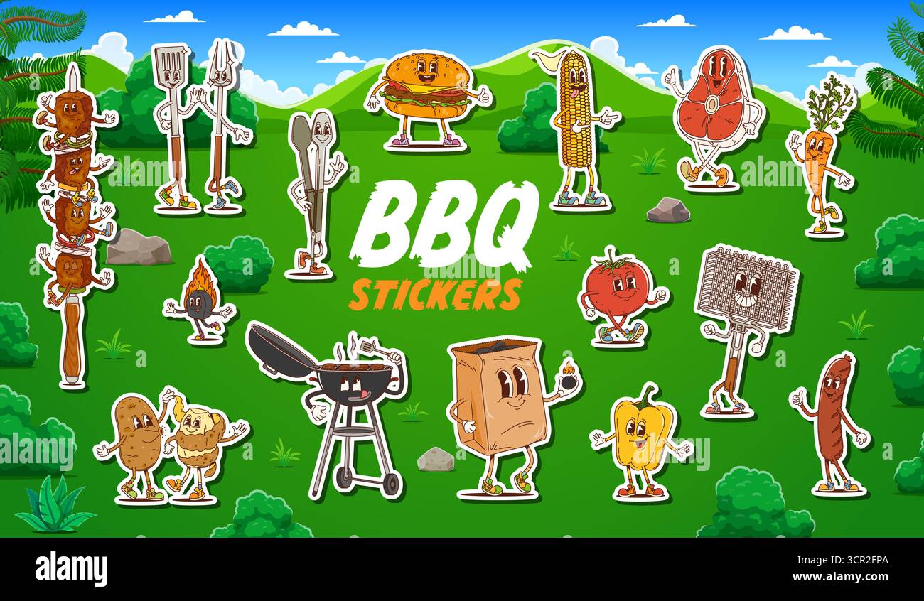 Stickers of groovy BBQ or barbeque characters on grill picnic, cartoon ...